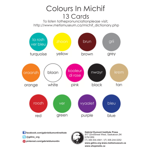 Colours in Michif (13 cards) | Gabriel Dumont Institute